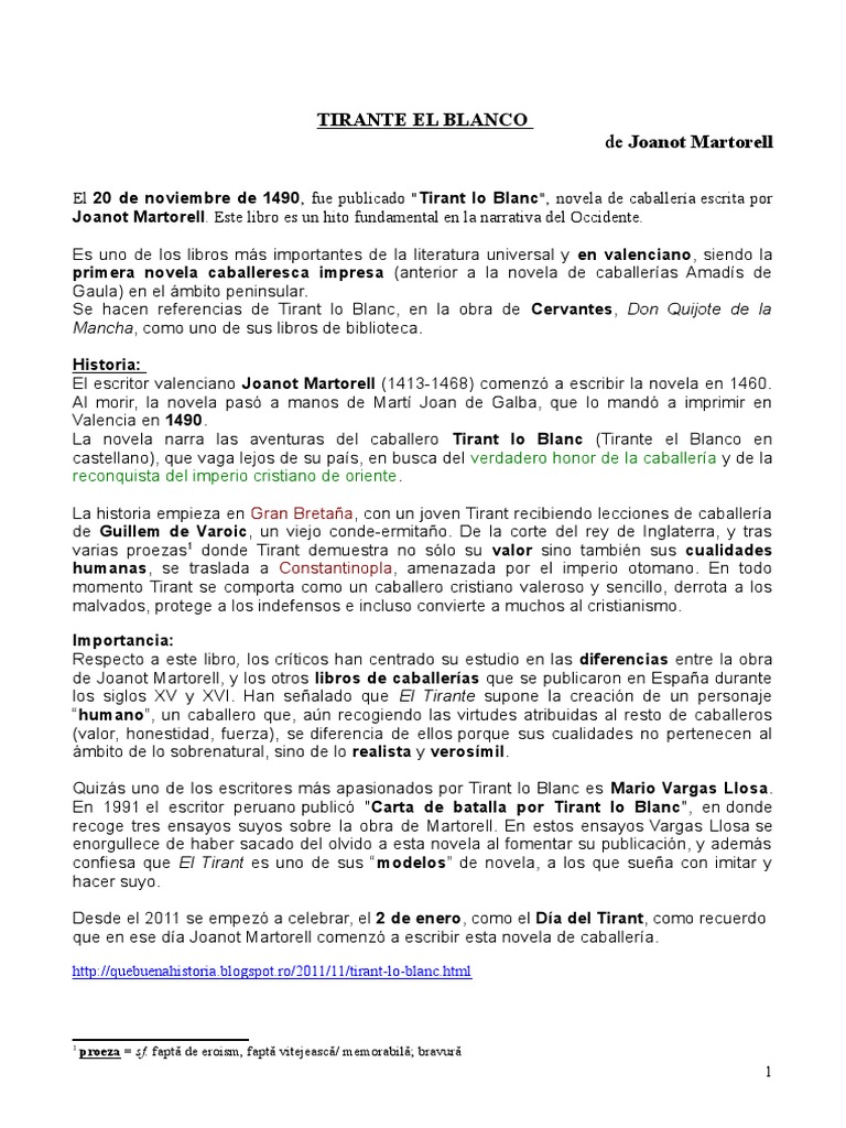 Análisis Literario de La Obra Tirante El Blanco de Joanot Martorell ...
