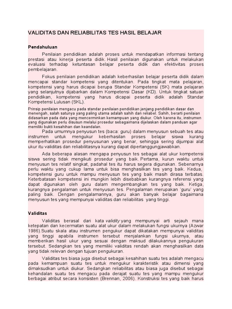 Validitas Dan Reliabilitas Tes Hasil Belajar | PDF