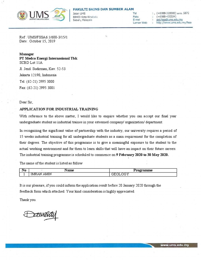 Request for Industrial Training Placement and Feedback Form for Geology ...