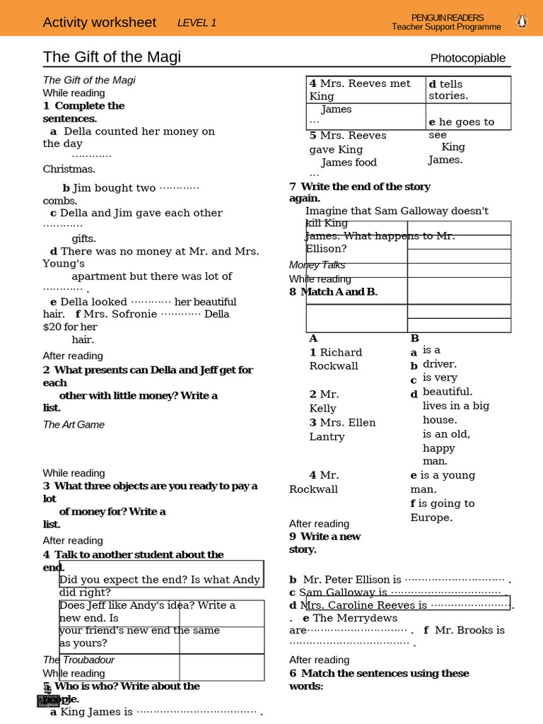 "The Gift of the Magi: Level 1 Worksheet" | PDF