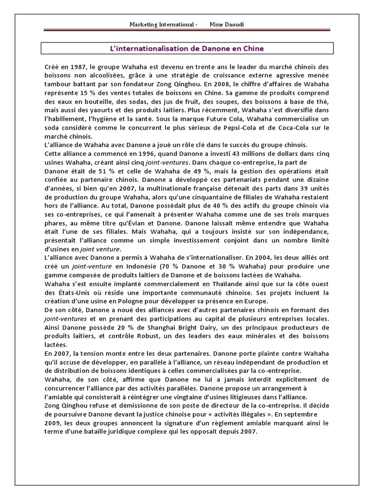 Danone et Wahaha : Alliance et Conflit en Chine | PDF | Boissons | Business