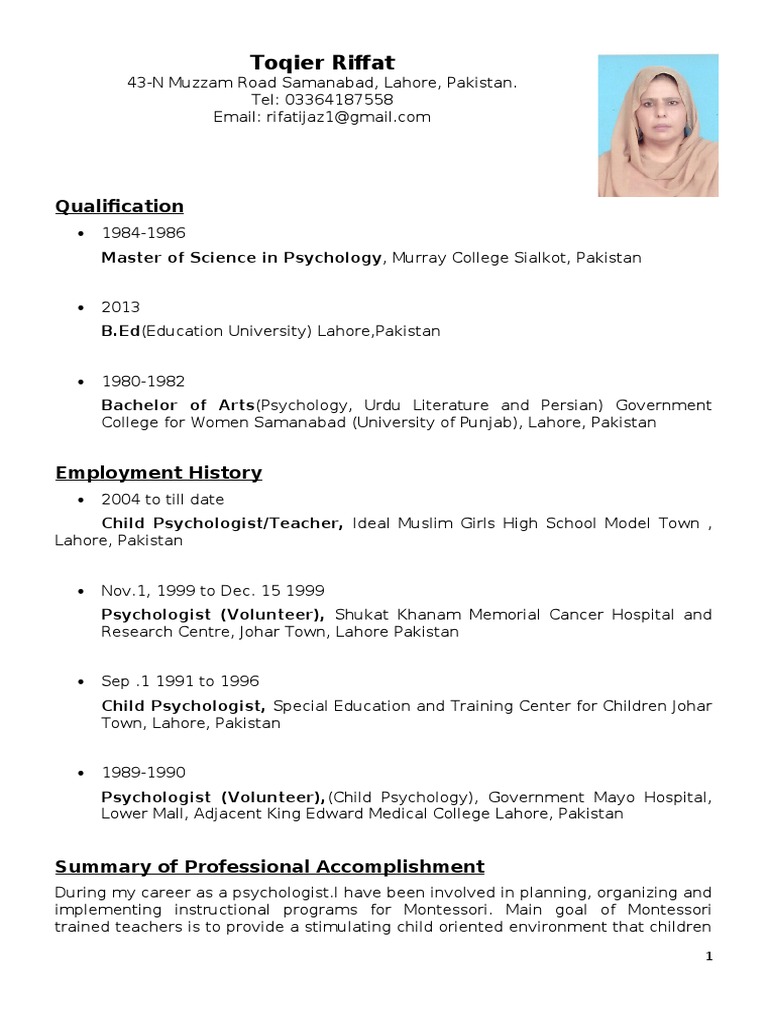 Monti.... CV of Miss Riffat | PDF | Montessori Education | Psychology