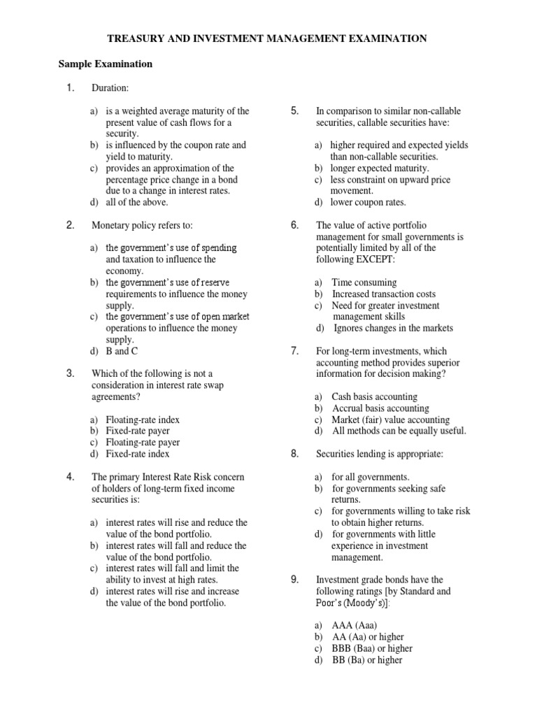 Treasury Officer Exam Sample Questions | PDF | Investing | Interest Rates
