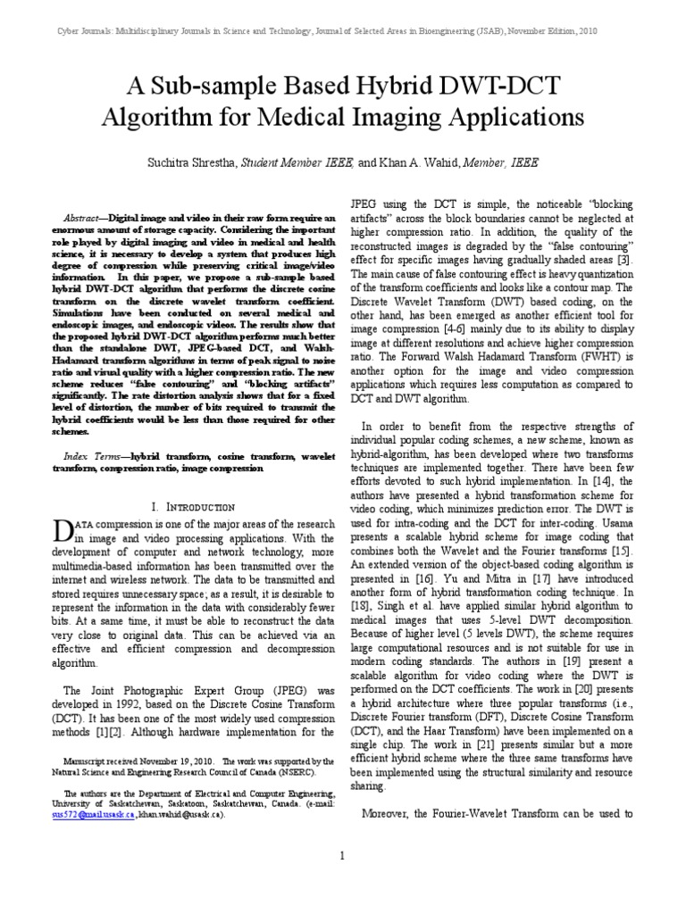 A Sub Sample Based Hybrid Dwt Dct Algorithm For Medical Imaging Applications Pdf 