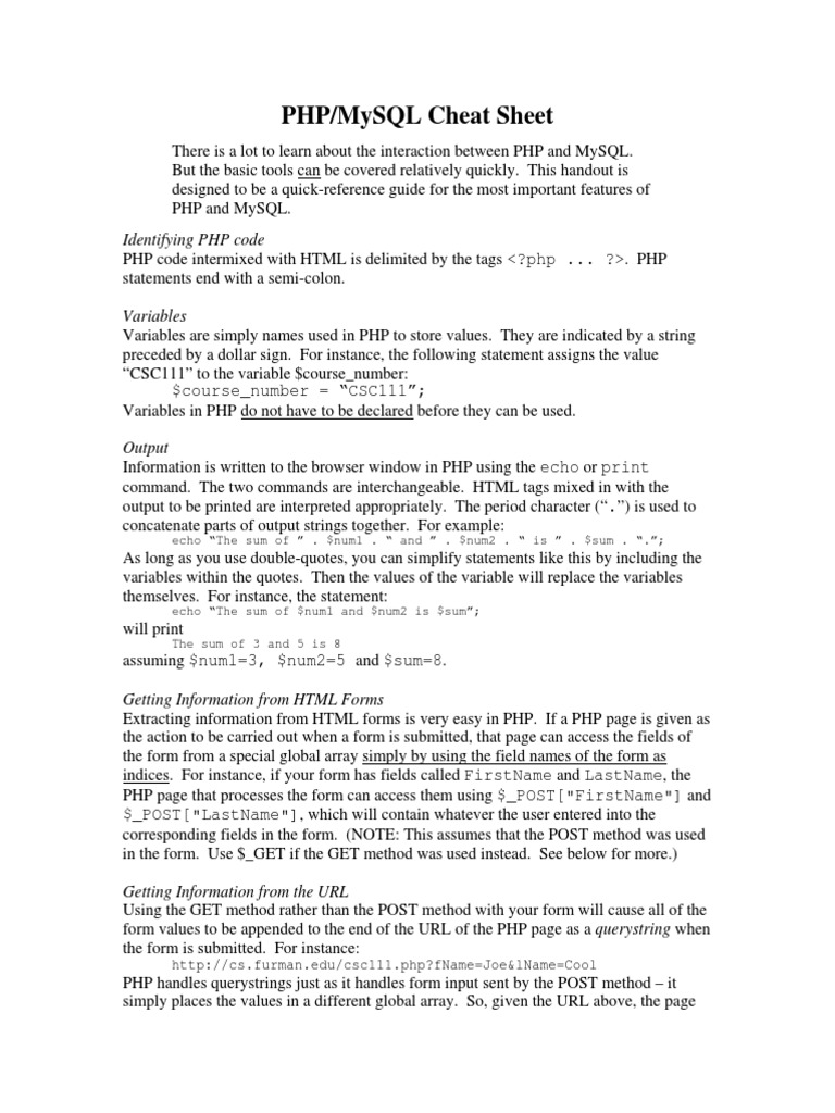 Php/Mysql Cheat Sheet | PDF | Php | Html