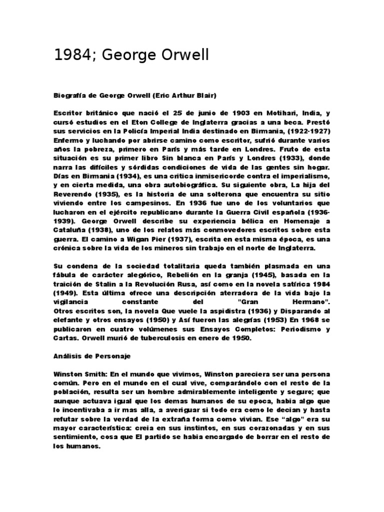 Biografía y análisis de "1984" de Orwell | PDF | George Orwell | Agitación
