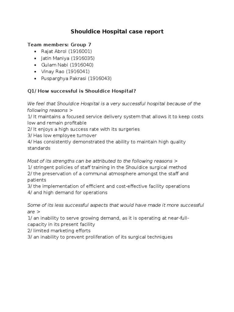 Shouldice Hospital Case Study Insights | PDF | Hospital | Surgery