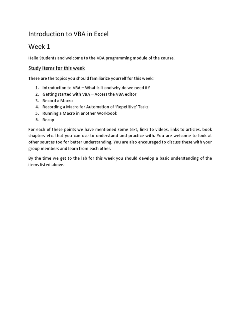 Introduction To Vba Programming An Overview Of The Key Concepts For Getting Started Pdf