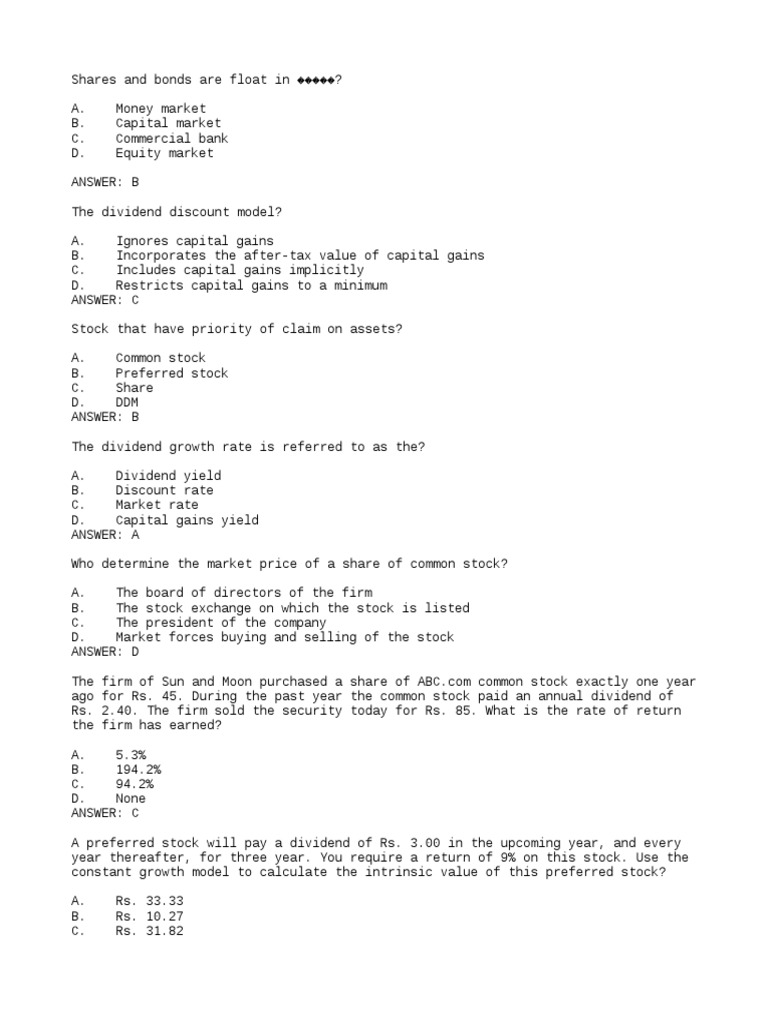 MCQs - STOCK VALUATION | PDF | Stocks | Price–Earnings Ratio