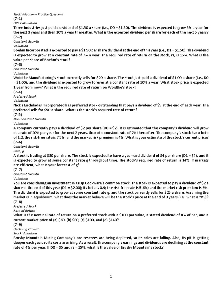 Stock Valuation - Practice Questions | PDF | Preferred Stock | Stocks