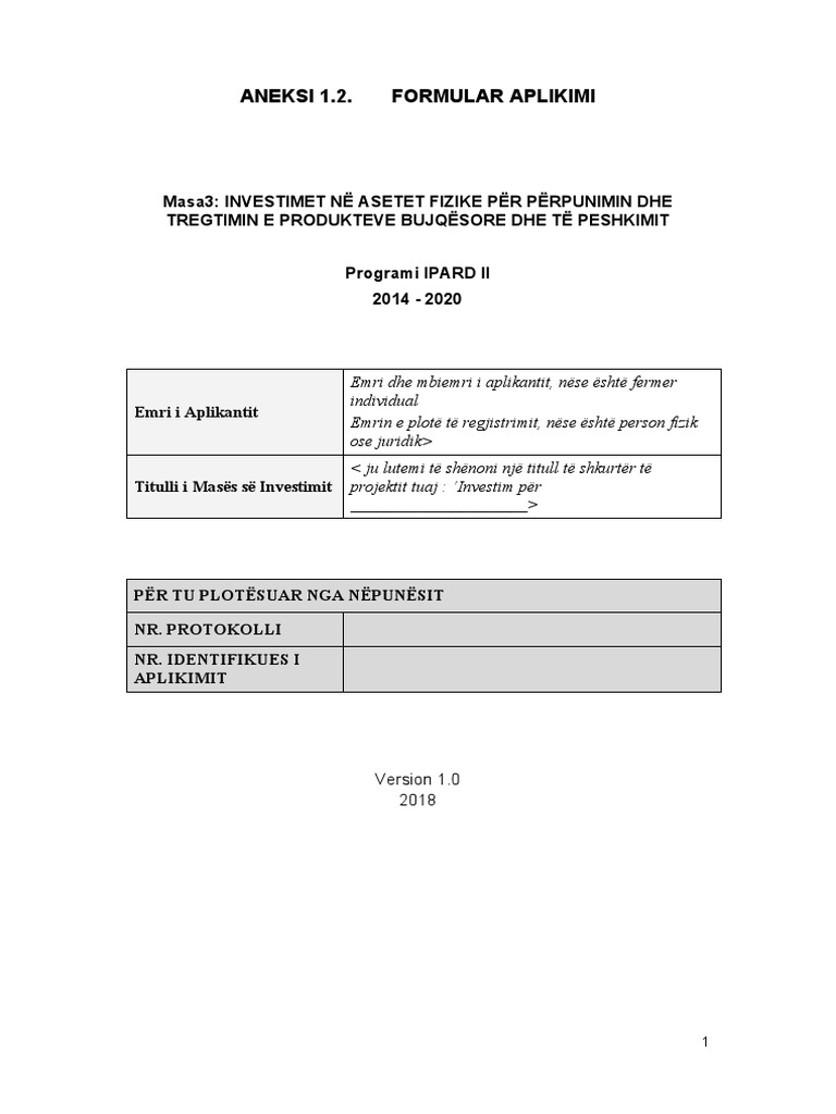 Aneks 1.2 Formular Aplikimi Për Masën 3 Investime Në Agropërpunim | PDF