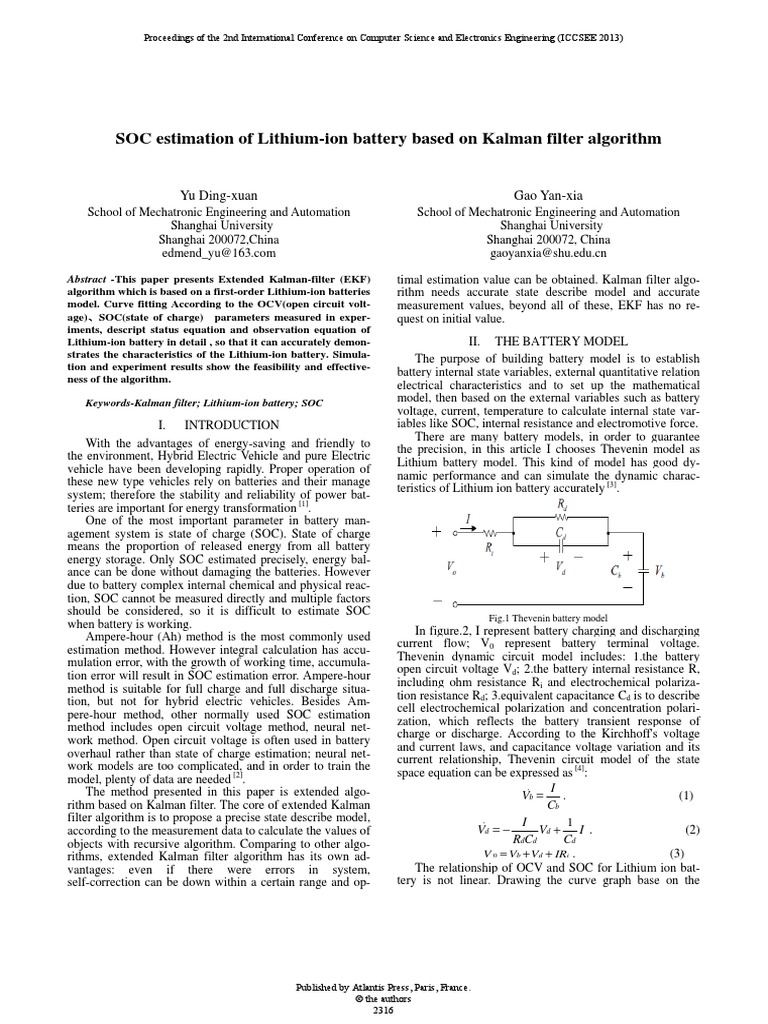SOC Estimation of Lithium-Ion Battery Based On Kalman Filter Algorithm ...