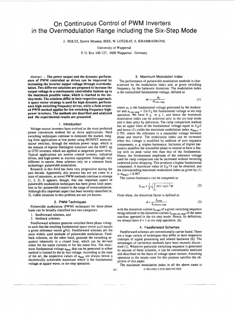 On Continuous Control Of Pwm Inverters In The Overmodulation Ran Pdf