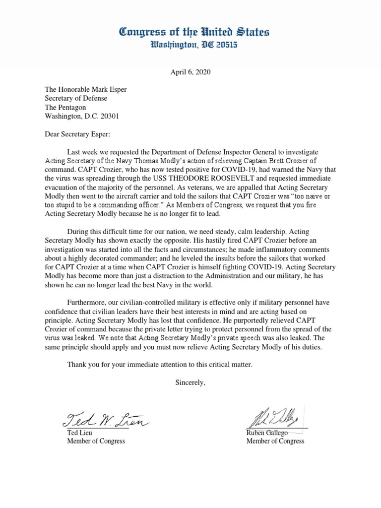 Letter To SECDEF From Reps. Gallego and Lieu | PDF