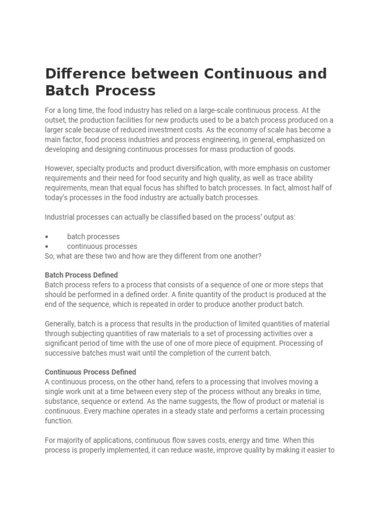 Difference Between Continuous and Batch Process | PDF | Economies Of Scale | Industries