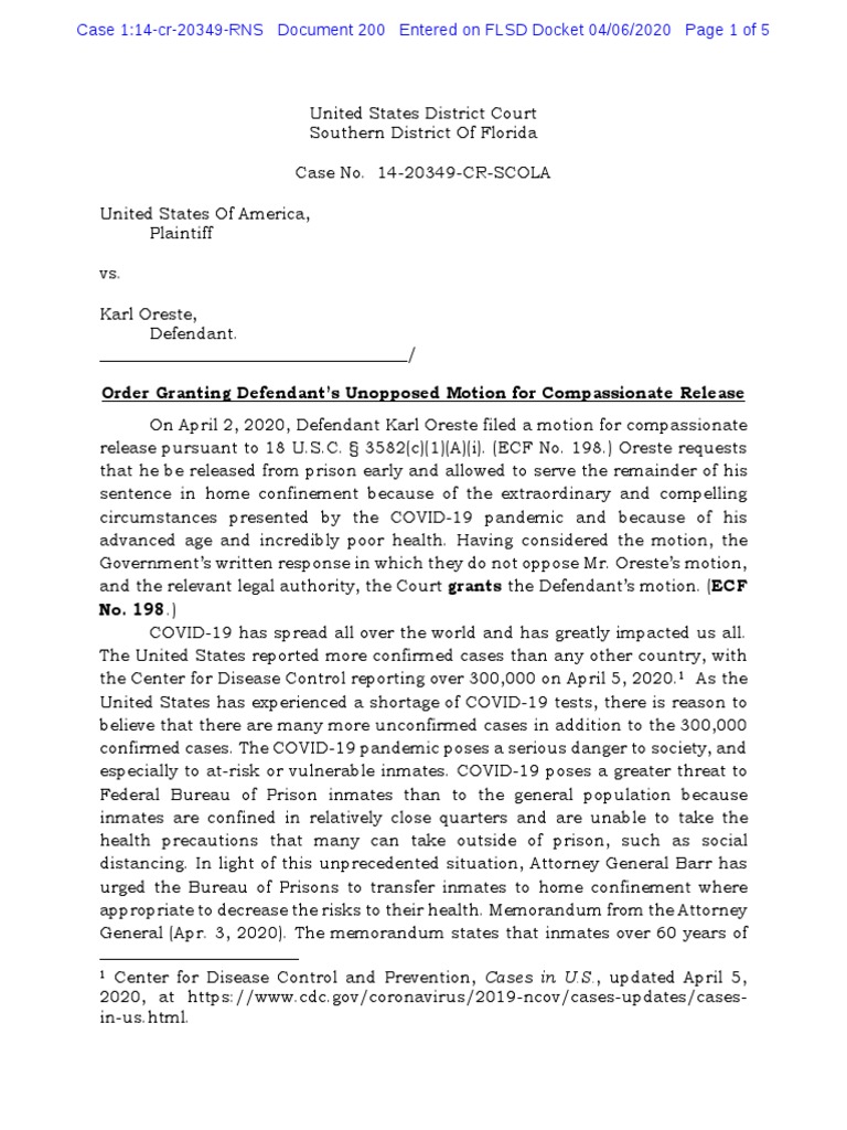 Scola Compassionate Release | PDF | United States Federal Probation And ...