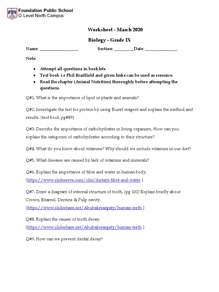 Worksheet - March 2020 Biology - Grade IX | PDF