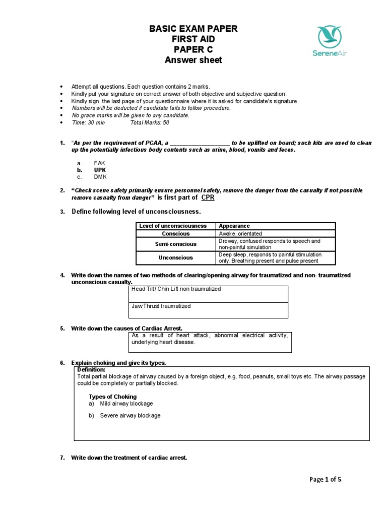 Basic Exam Paper First Aid Paper C Answer Sheet | PDF | First Aid ...