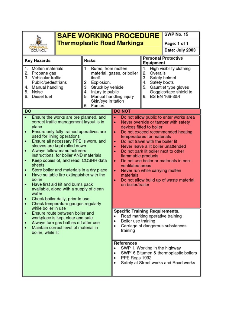 Safe Working Procedure: Thermoplastic Road Markings | PDF | Personal ...