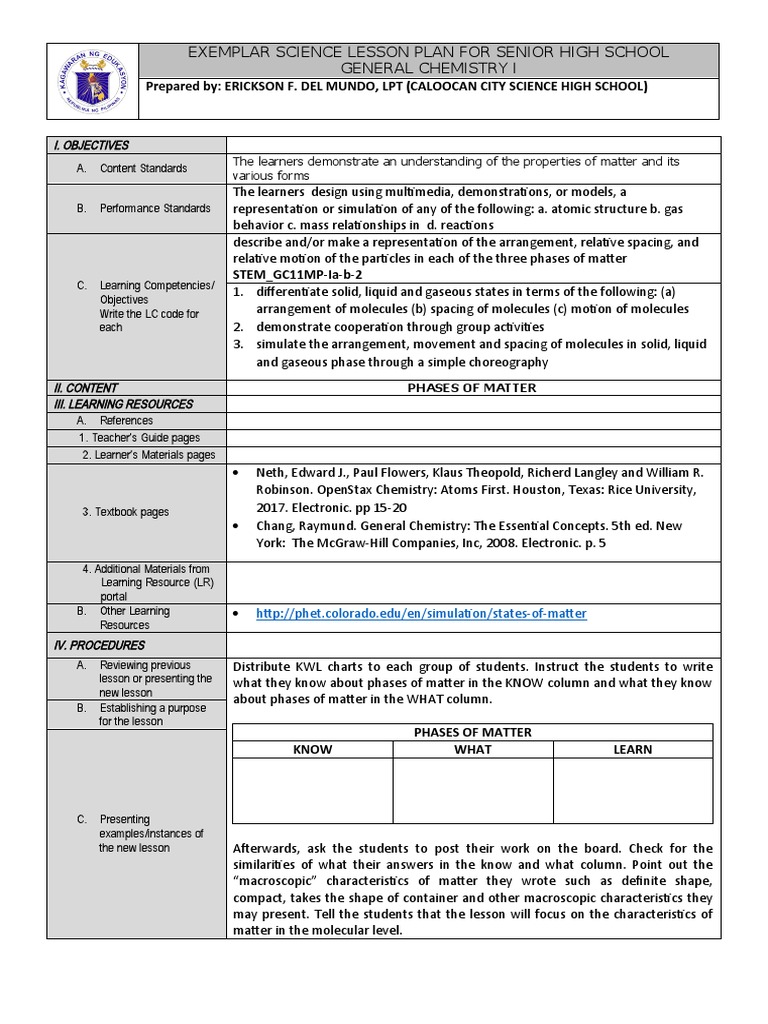 High School Chemistry Lesson Plan: Phases of Matter | PDF | Molecules ...