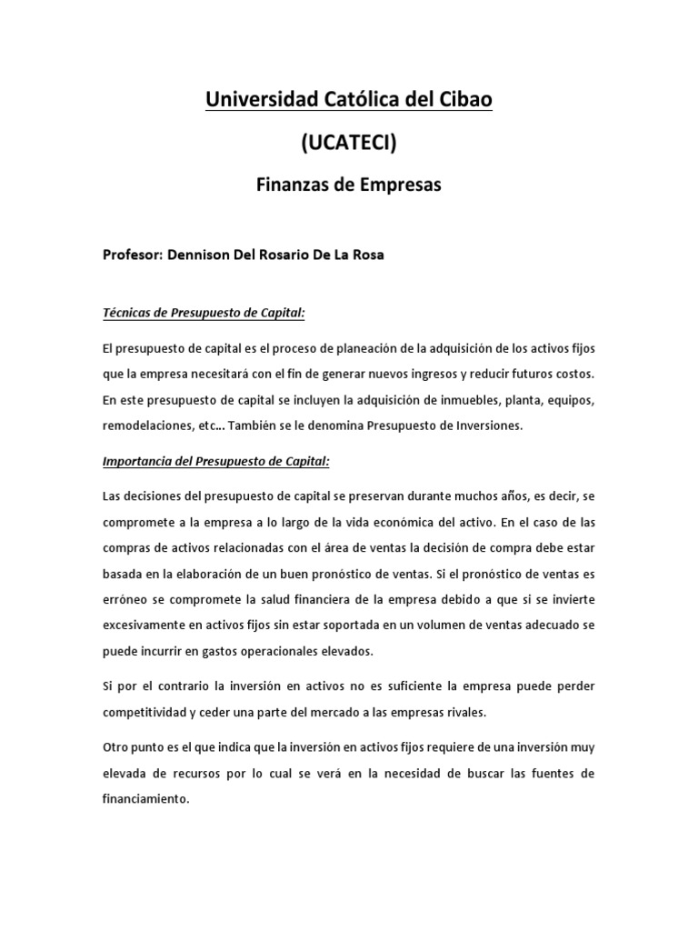 Tecnicas de Presupuesto de Capital. | PDF | Presupuesto | Compartir (Finanzas)