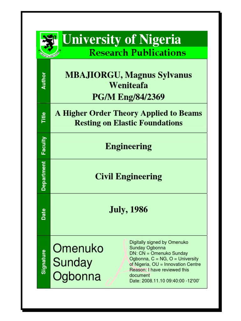 A Higher Order Theory Applied To Beams Resting On Elastic Foundations ...