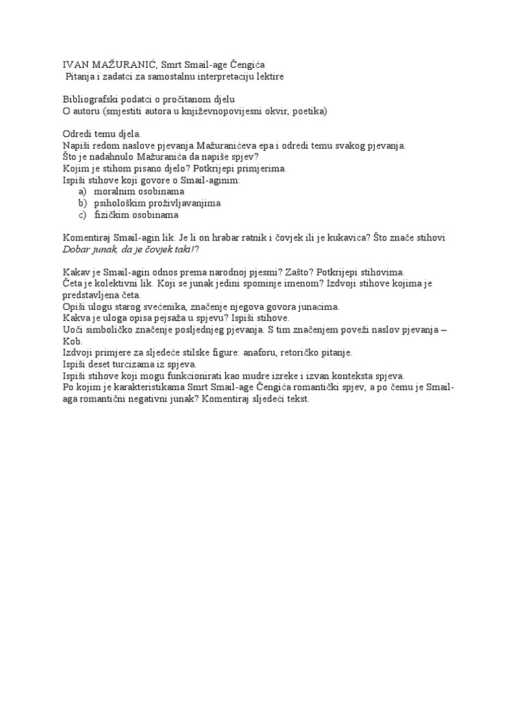 Ivan Mažuranić, SMRT Smail-Age Nastavni Listić | PDF