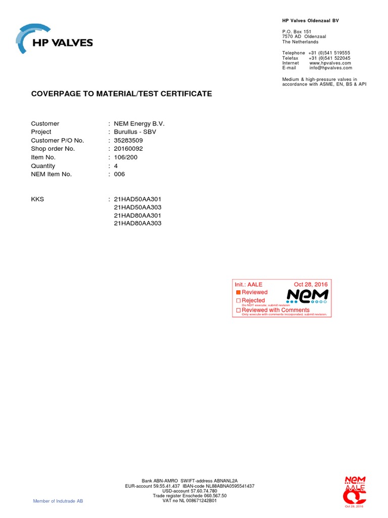 Coverpage To Material/Test Certificate | PDF
