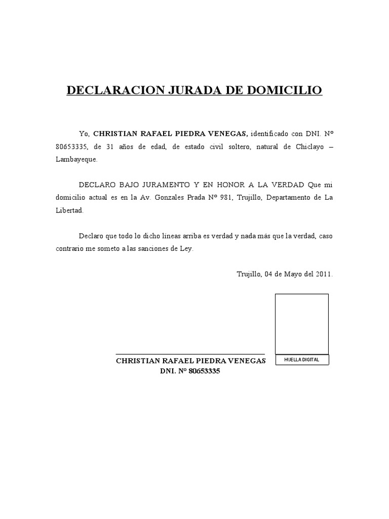 Modelo de Declaración Jurada de Domicilio | PDF