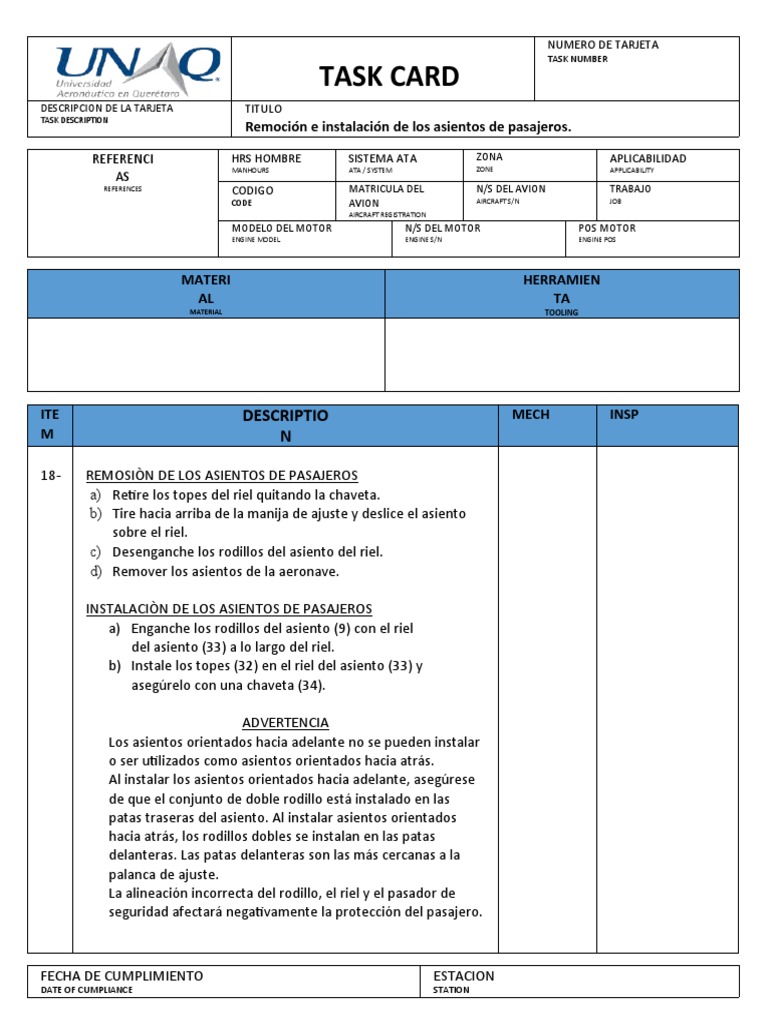 Task Card Remocion-Instalacion Asientos de Pasajeros | PDF | Aviación ...