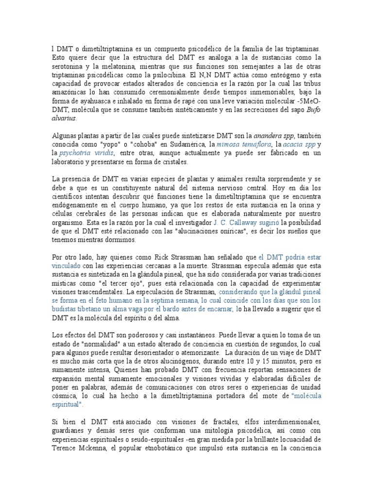 l DMT o dimetiltriptamina es un compuesto psicodélico de la familia de las triptaminas | PDF ...