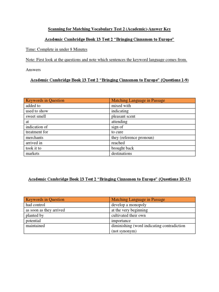 Scanning For Matching Vocabulary Test 2.answer - Key | PDF