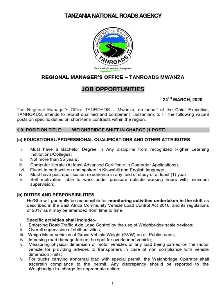 Job Opportunities at TANROADS Mwanza | PDF | Professional Certification ...