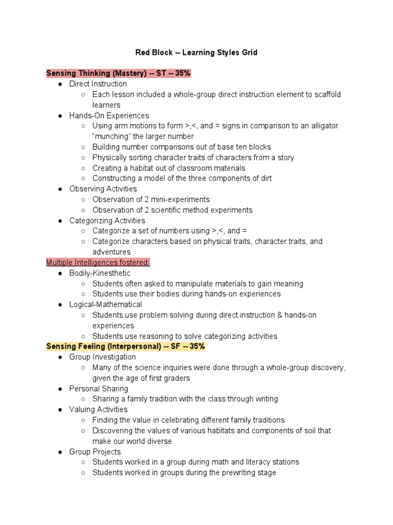 Red Block Learning Styles Grid | PDF | Learning Styles | Learning