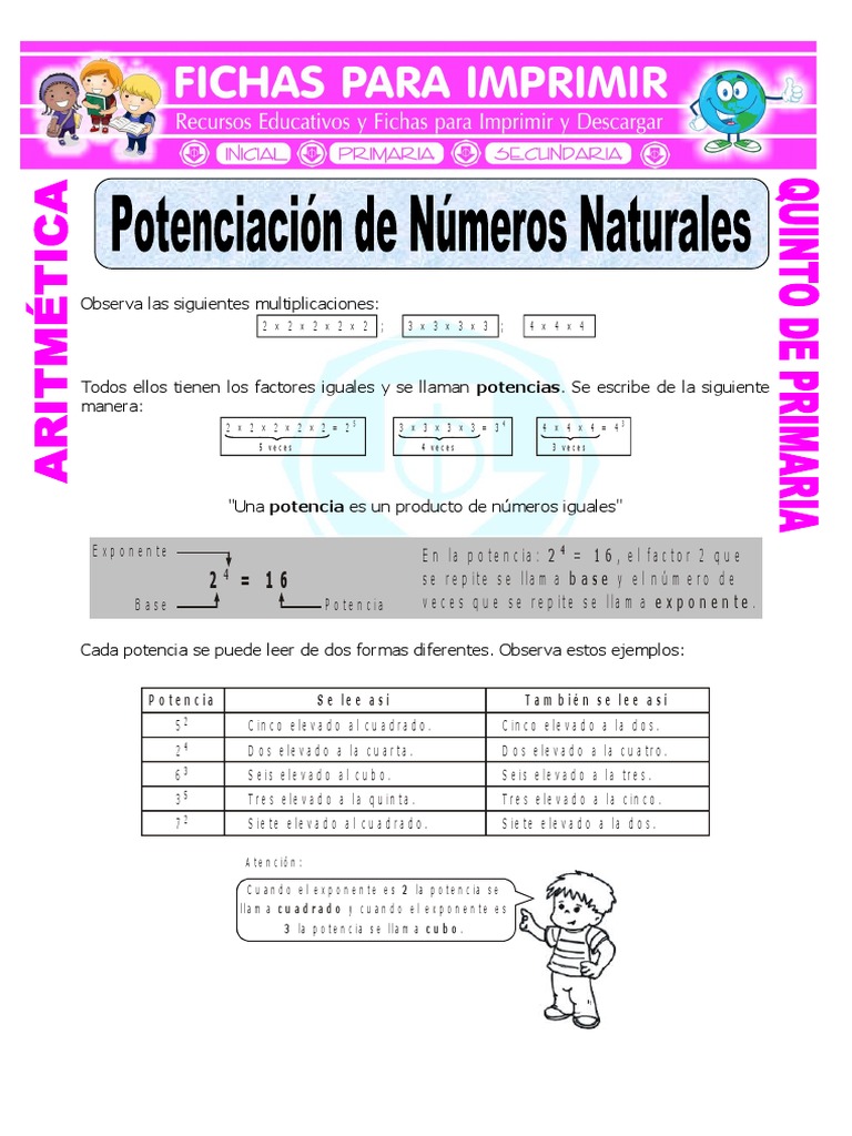 Potenciación de Números Naturales para Quinto de Primaria | PDF | Exponenciación | Teoría del anillo