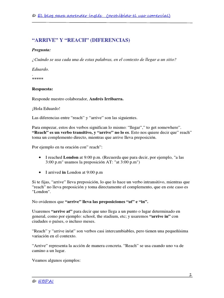 ARRIVE Y REACH - Diferencias PDF | PDF | Verbo | Relaciones sintácticas