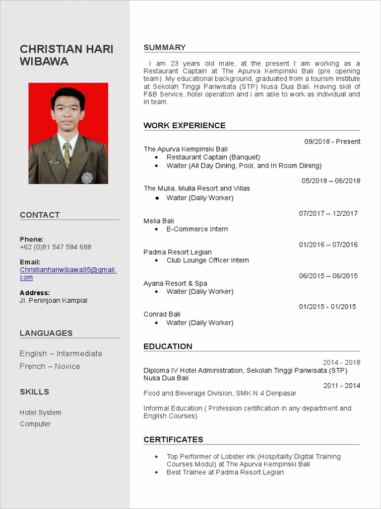 Coolfreecv Resume With Photo | PDF | Hospitality Industry | Service Industries