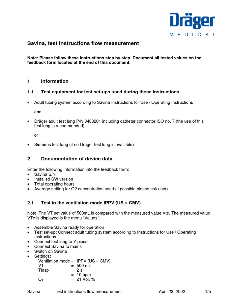 Savina, Test Instructions Flow Measurement: 1 Information | PDF | Flow ...