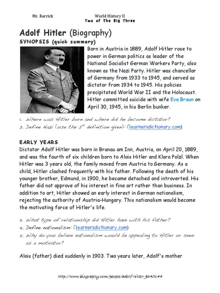 Adolf Hitler Biography PDF | Download Free PDF | Adolf Hitler | Axis Powers