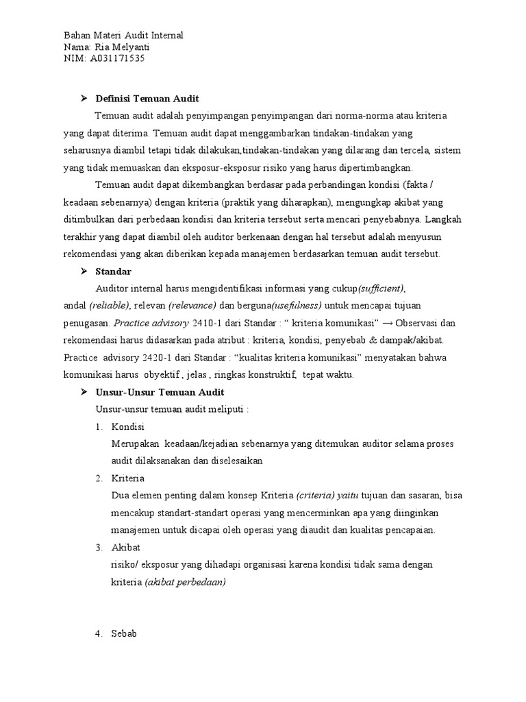 Materi Audit Internal Temuan Audit - Ria Melyanti (A031171535) | PDF ...