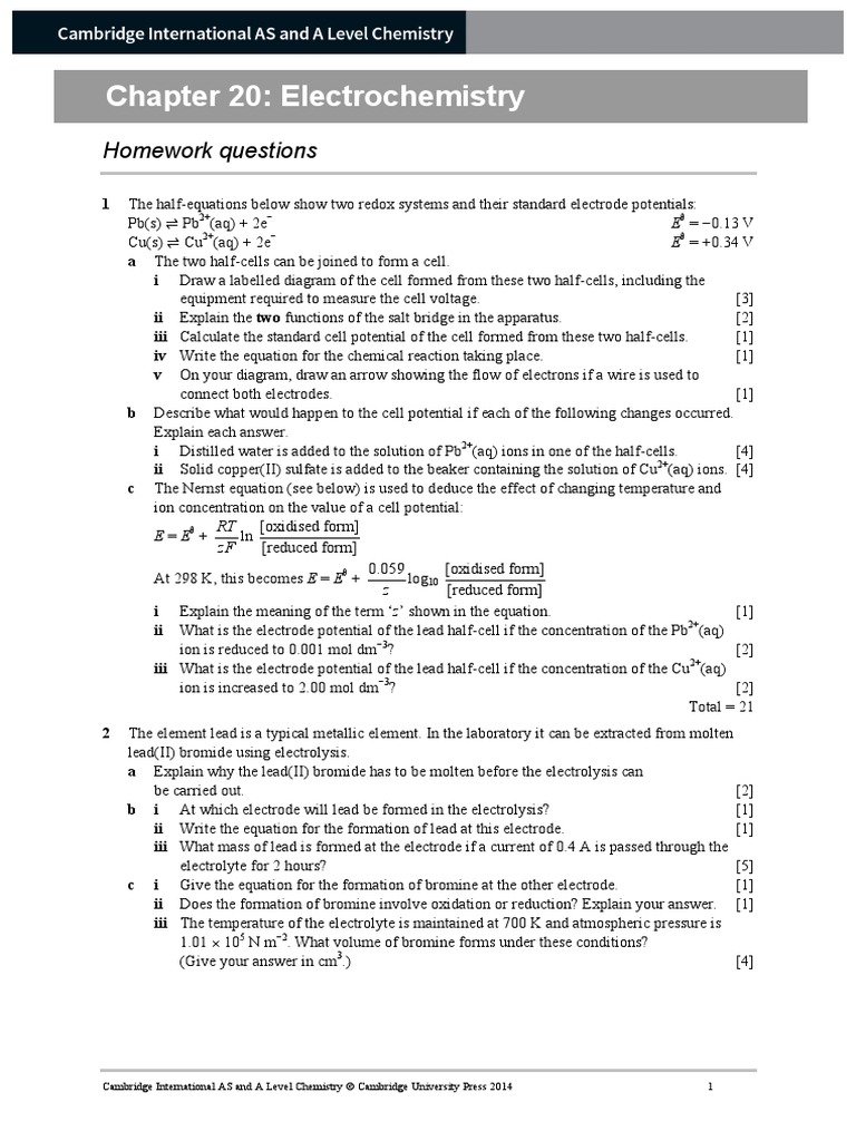 Chapter 20: Electrochemistry: Homework Questions | PDF | Redox | Chlorine
