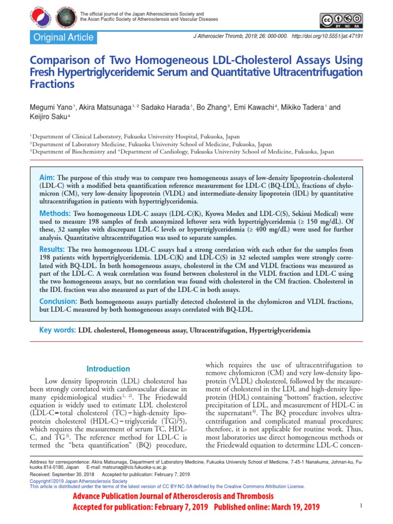 Comparison of Two Homogeneous LDL-Cholesterol Assays Using Fresh ...