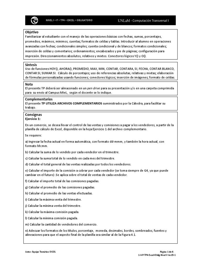 1 4 P TP4 Excel Oblig Nivel I Ver15 11 | PDF | Microsoft Excel | Hoja de cálculo