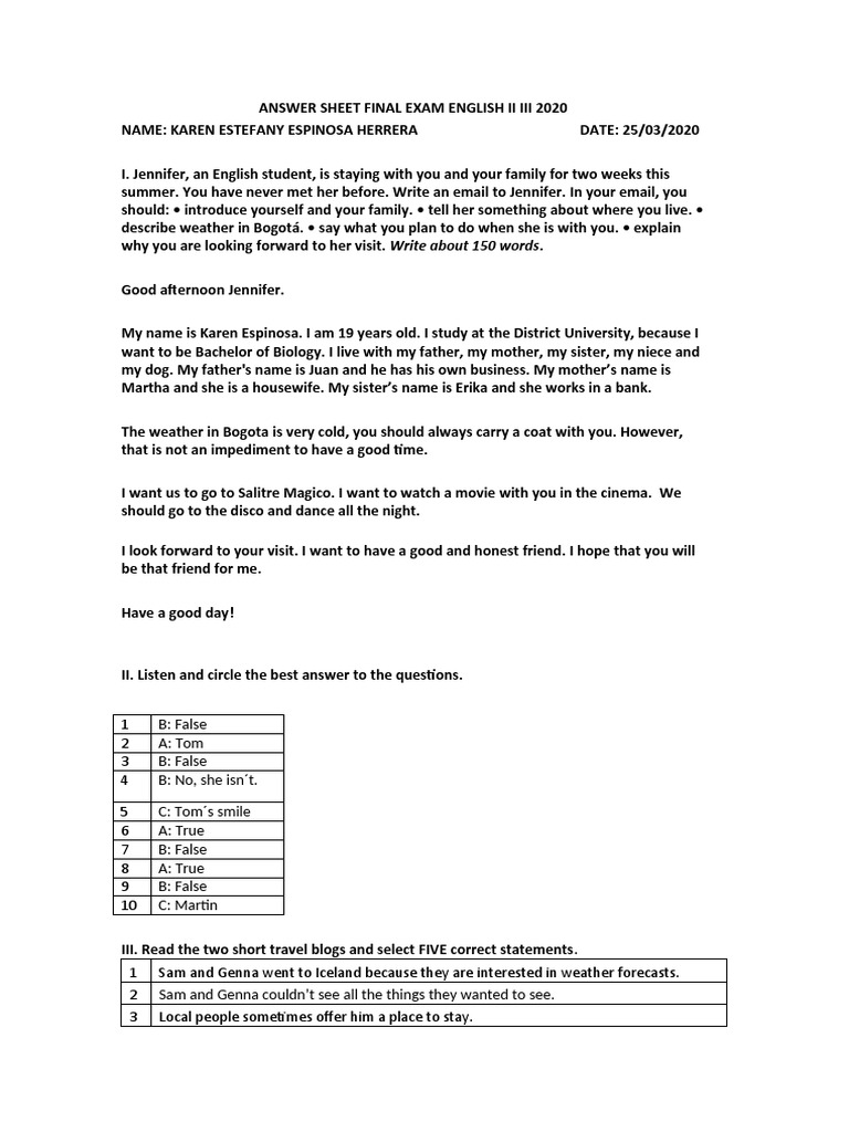 Examen Final, Answer Sheet Final Exam English Ii Iii 2019 | PDF