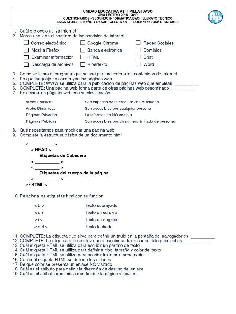 CUESTIONARIOS DISEÑO WEB 2do PDF | PDF | Página web | HTML