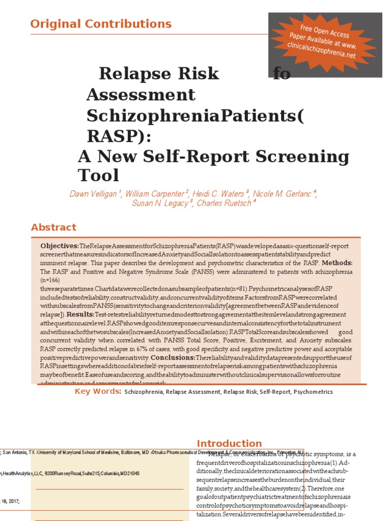 Fo R Relapse Risk Assessment Schizophreniapatients (Rasp) : A New Self ...