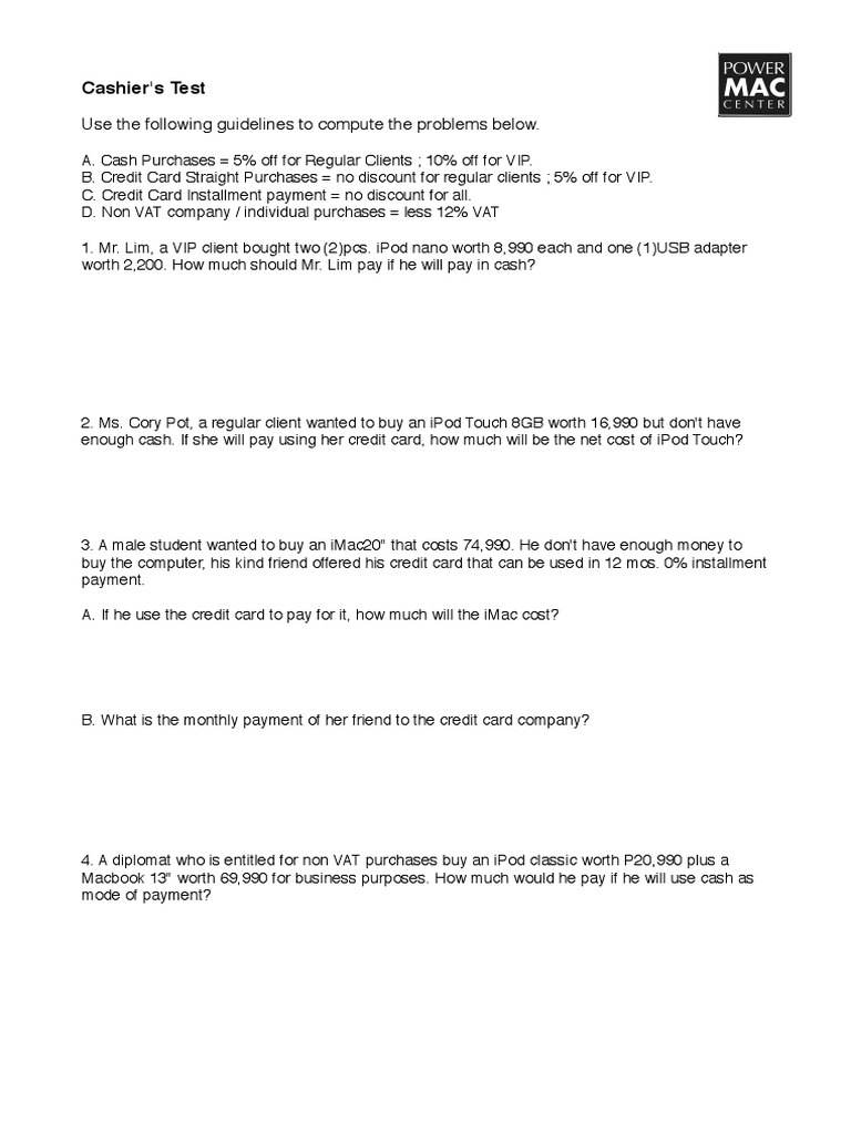 Cashier's Test: Use The Following Guidelines To Compute The Problems ...