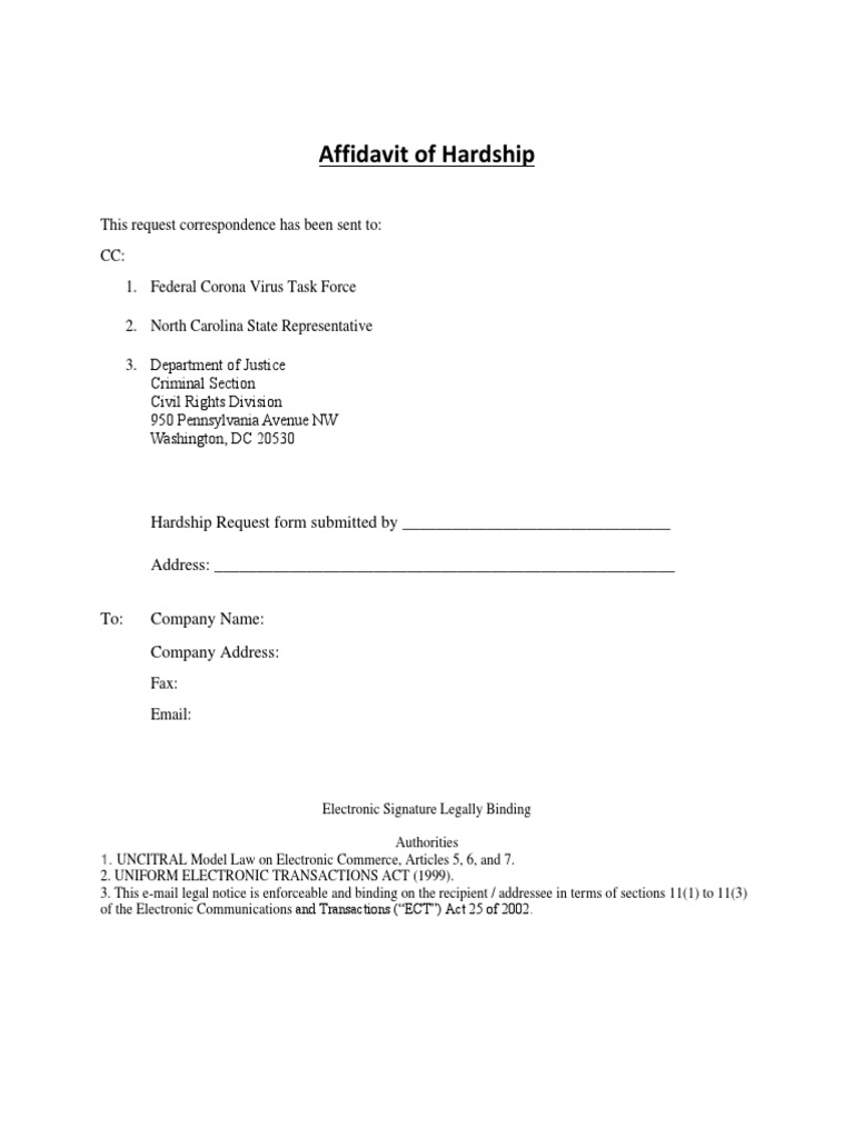 Affidavit of Hardship Corona Virus TEMPLATE | PDF | Renting | Foreclosure