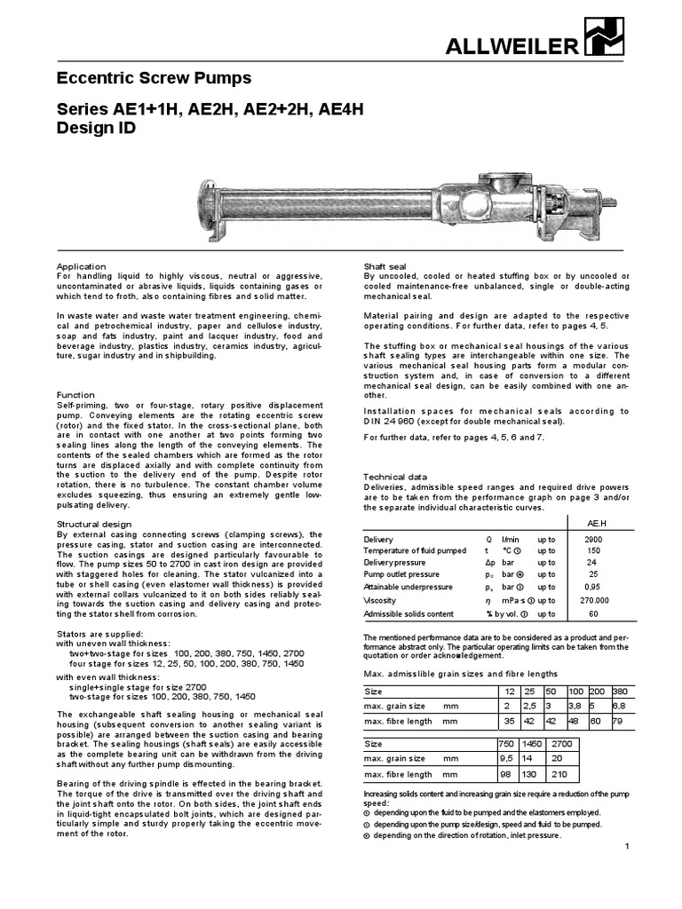 Allweiler: Eccentric Screw Pumps Series AE1+1H, AE2H, AE2+2H, AE4H ...