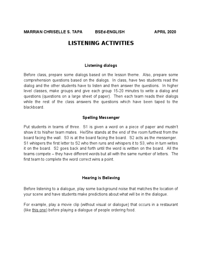 Engaging Listening Activities for ESL | PDF | Dialogue | Cognition